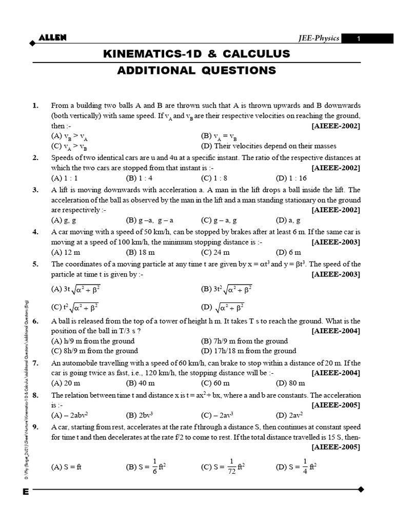 01 - Kinematics-1D & Calculus (Additional Questions) - Eng | PDF | Acceleration | Lift (Force)