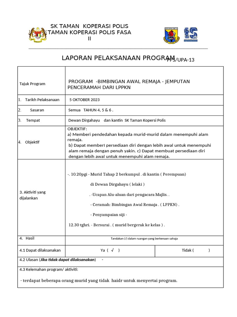 Laporan Pelaksanaan Program - Jun Hingga Oktober. | PDF
