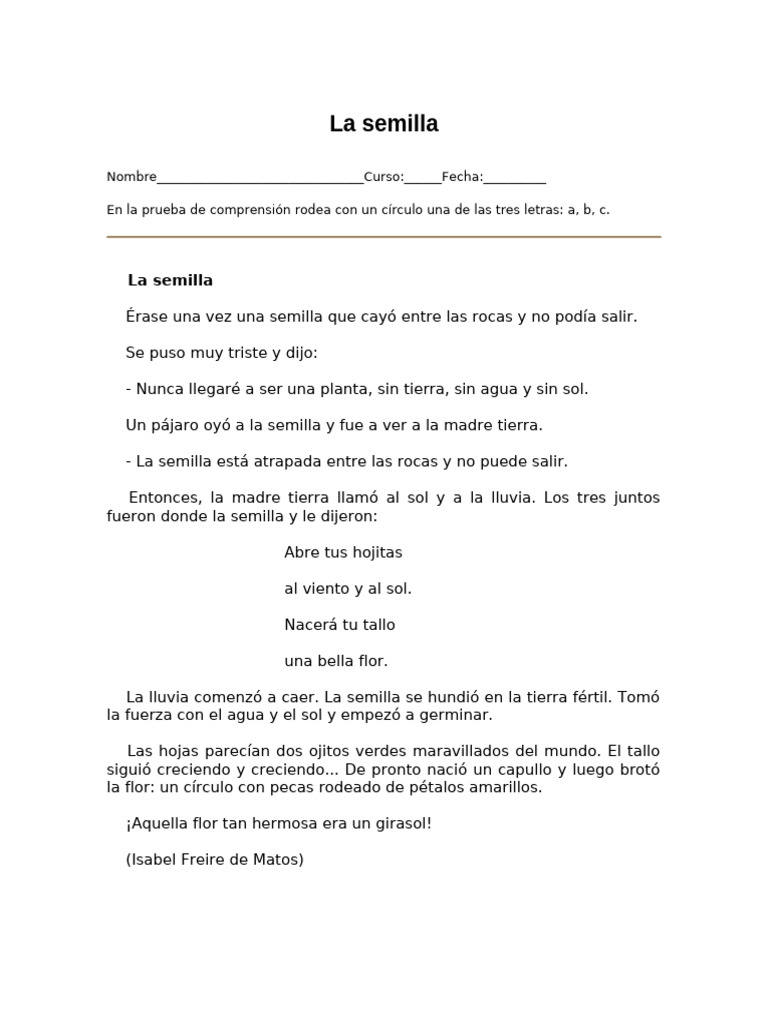 Comprensión lectora: La semilla | PDF