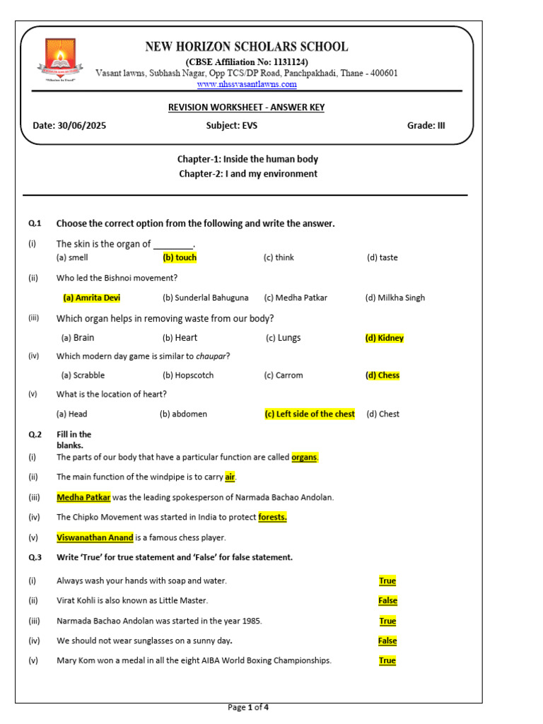 EVS Revision Worksheet for Grade III | PDF | Breathing | Exhalation