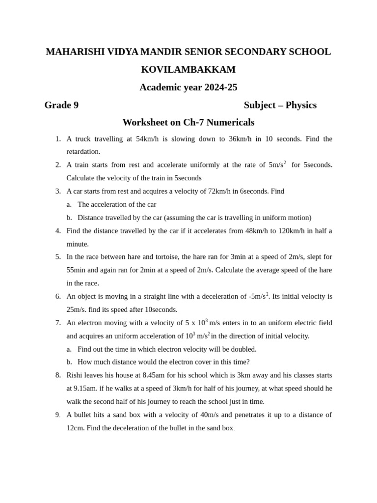 CH 7 Numericals Worksheet | PDF | Acceleration | Speed