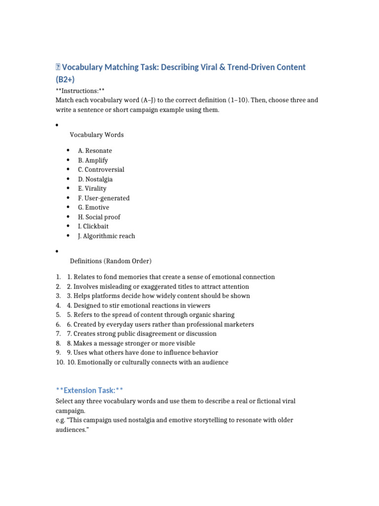 Vocabulary Matching Activity Viral Content B2 | PDF
