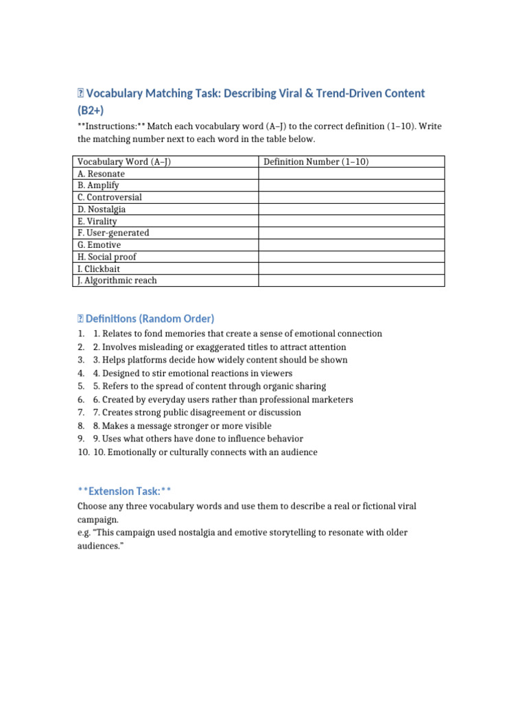 Vocab Matching Table Worksheet | PDF