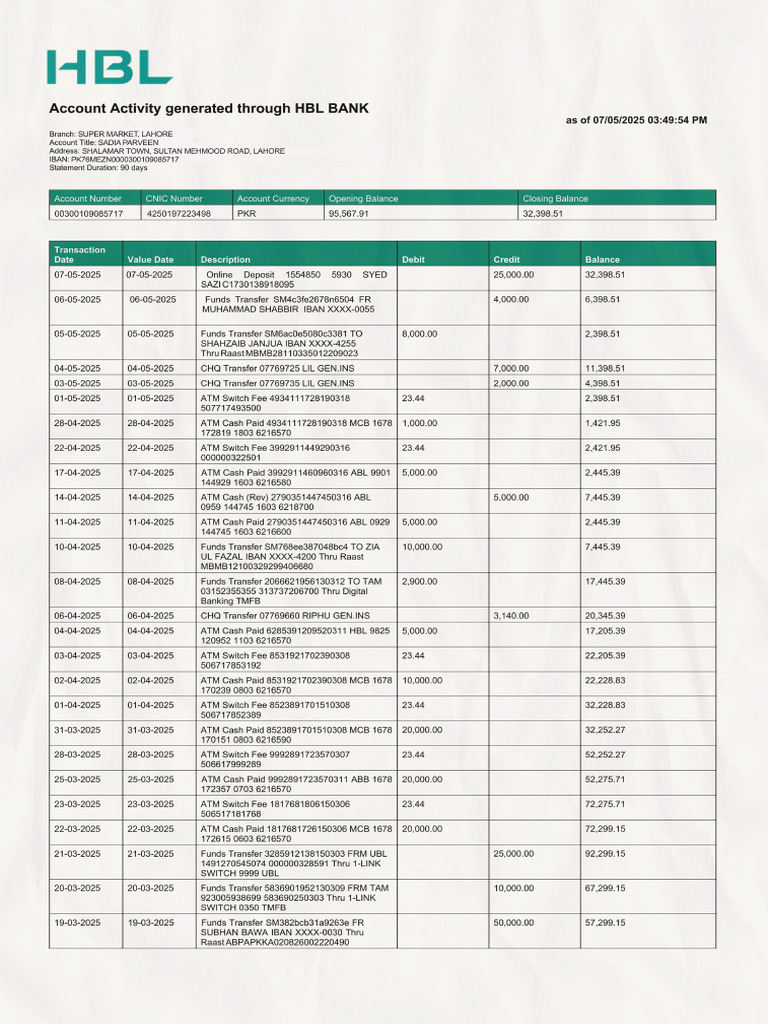 HBL Bank Statement for Sadia Parveen | PDF | Banking | Trade