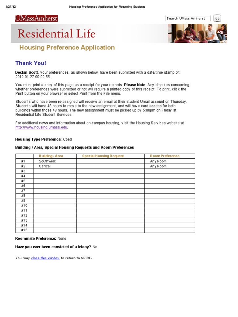 Housing Preference Application Receipt for Returning UMass Amherst Student Declan Scott | PDF