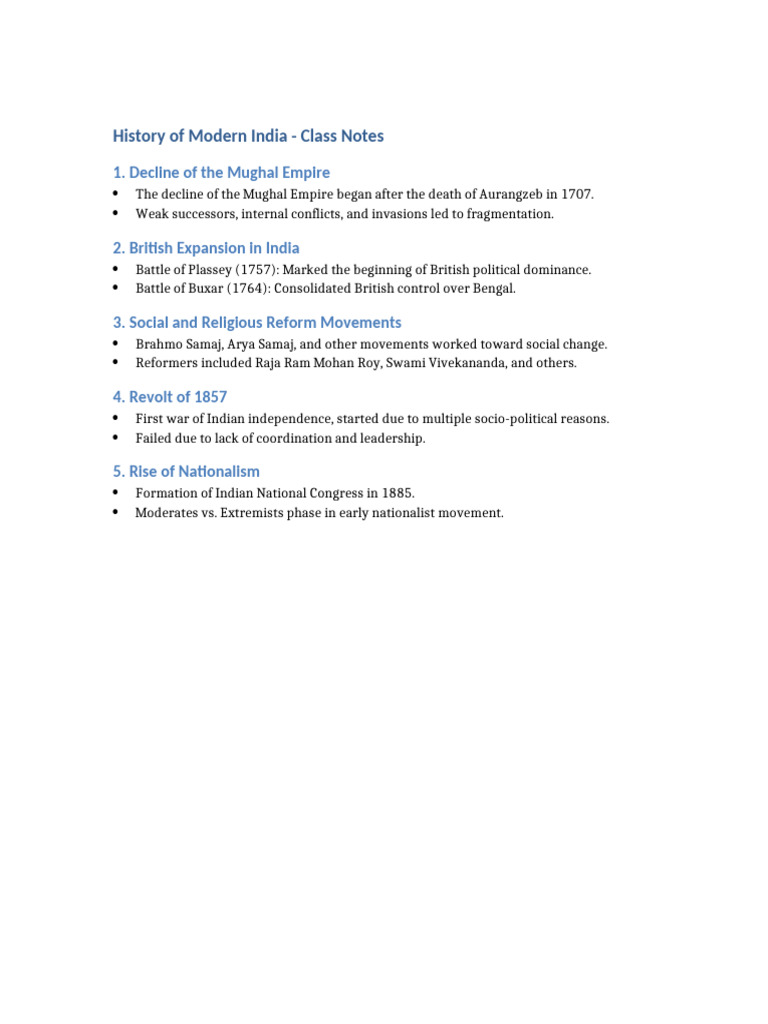 History of Modern India - Class Notes | PDF