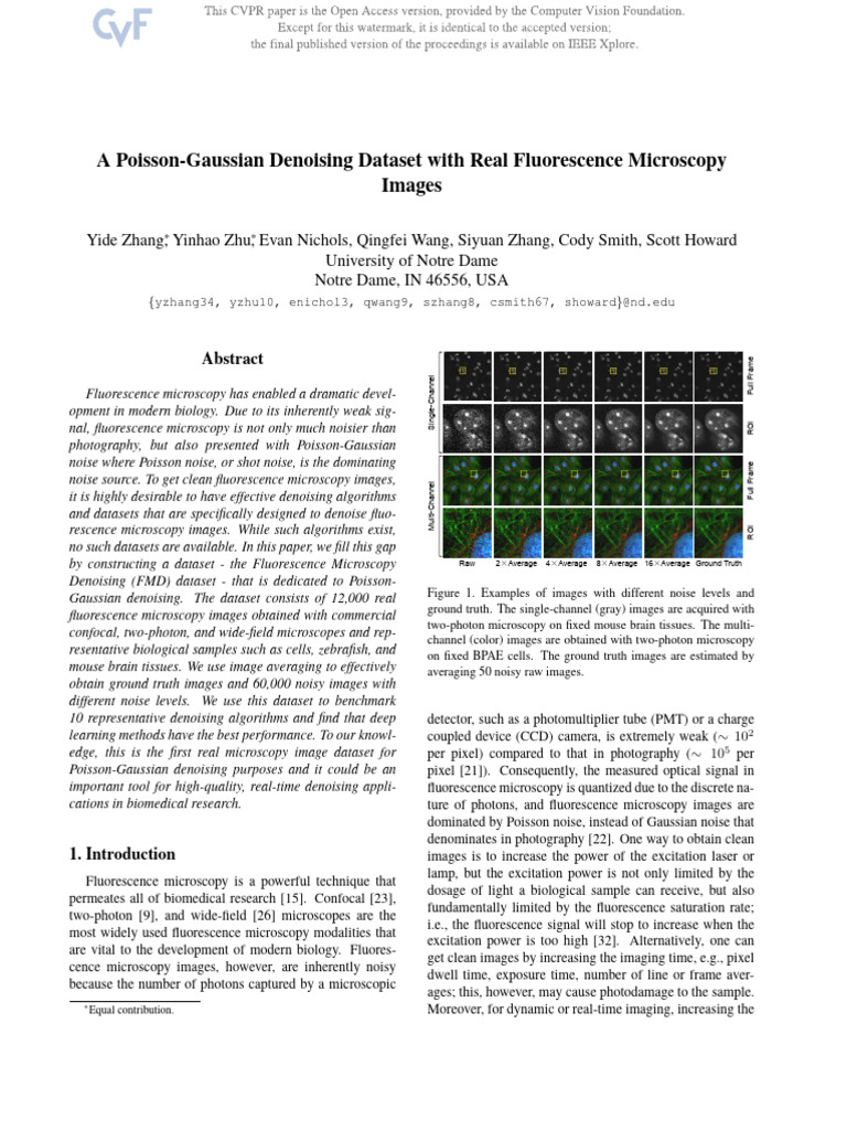 Zhang A Poisson-Gaussian Denoising Dataset With | PDF | Microscopy | Microscope
