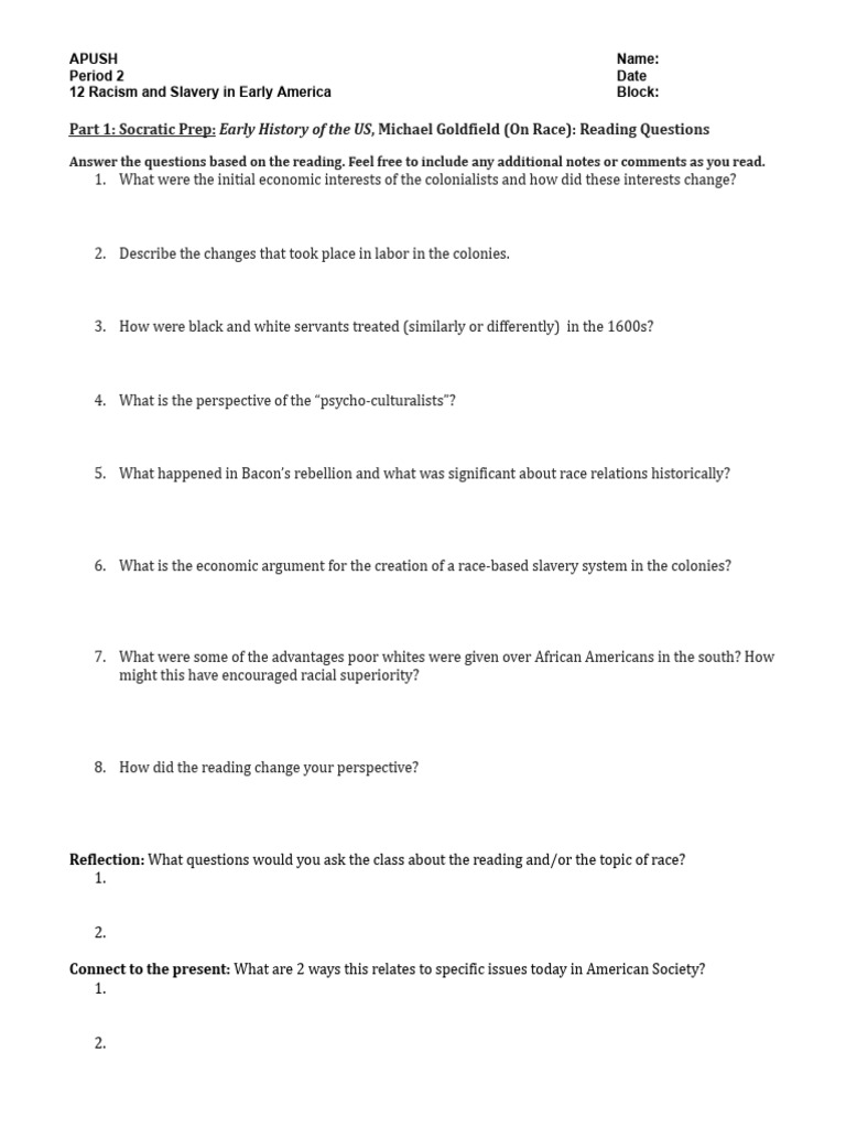 12 Race and Slavery Socratic Seminar Worksheet 2024 | PDF