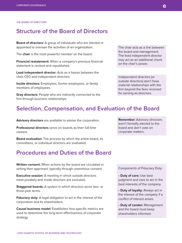 The Board of Directors Summary | PDF | Board Of Directors | Corporate ...