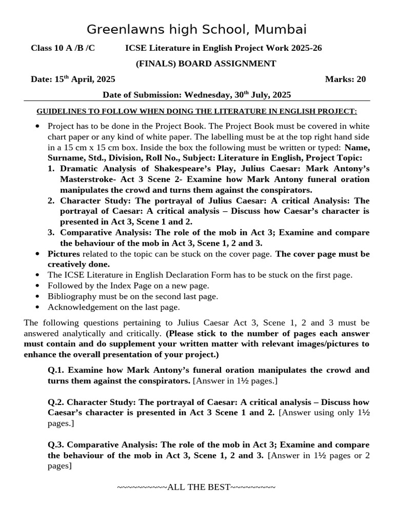 Class 10 ICSE Literature Project Guide | PDF