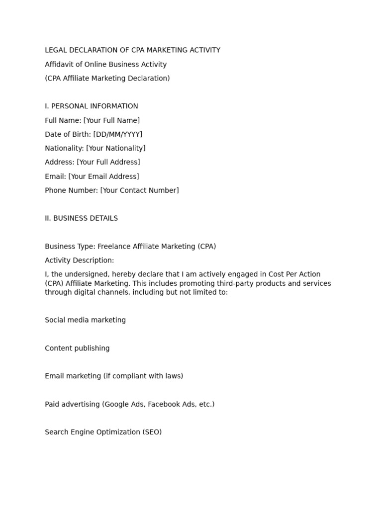 Legal Declaration of Cpa Marketing Activity | PDF