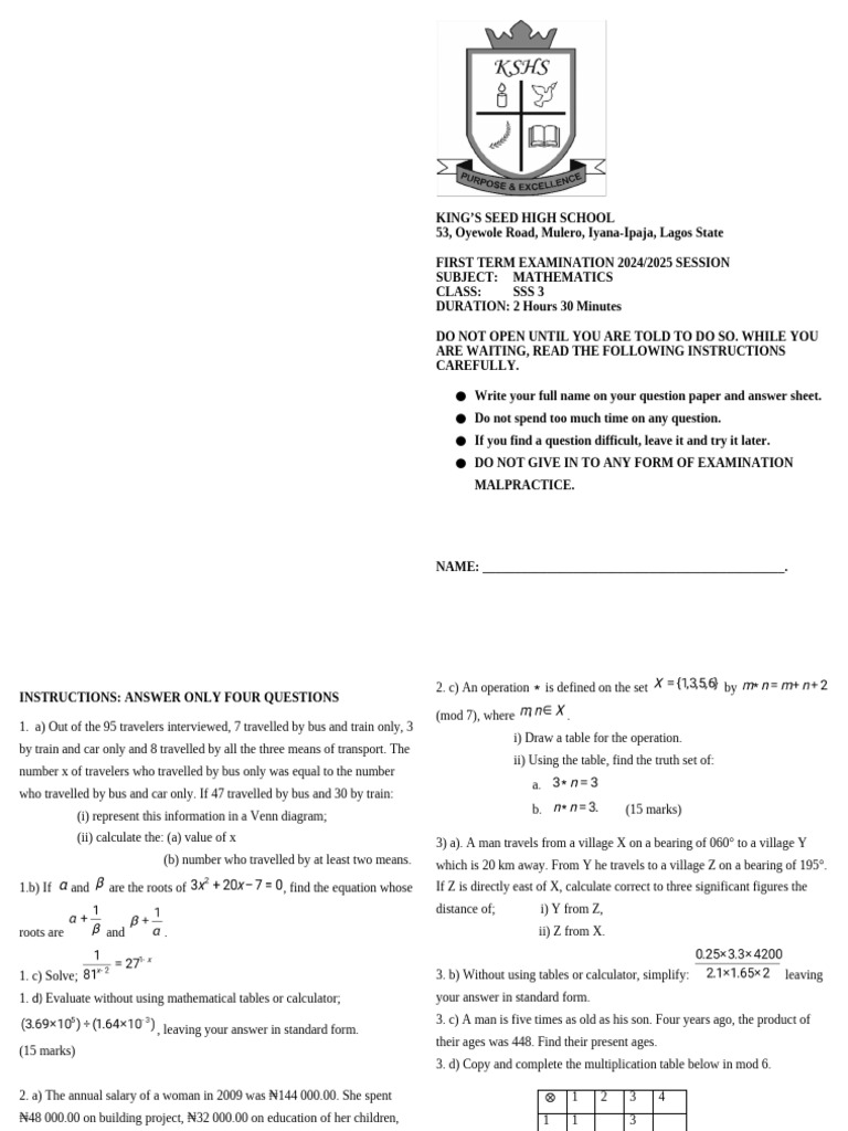 Sss 3 Mathematics First Term Examin Ation 2024-2025 | PDF | Numbers ...