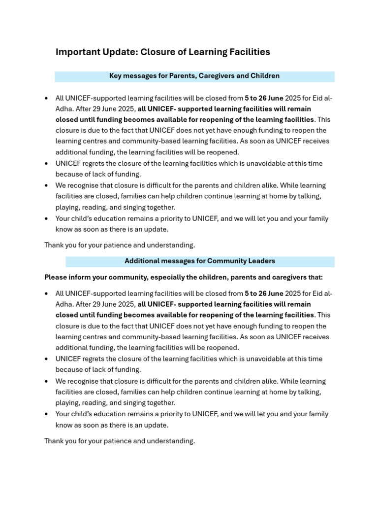 Education - Key Messages For Children Parents and Caregivers - Closure ...
