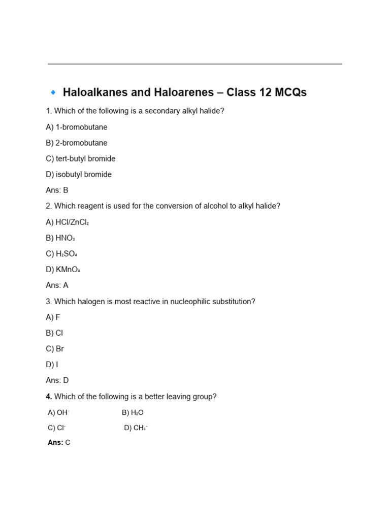 ? Haloalkanes and Haloarenes - Class 12 MCQs | PDF | Chemistry | Unit ...