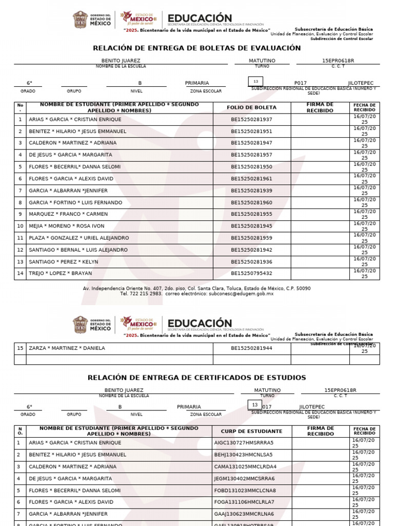 Relación de Entrega de Boletas de Evaluación 6°b | PDF