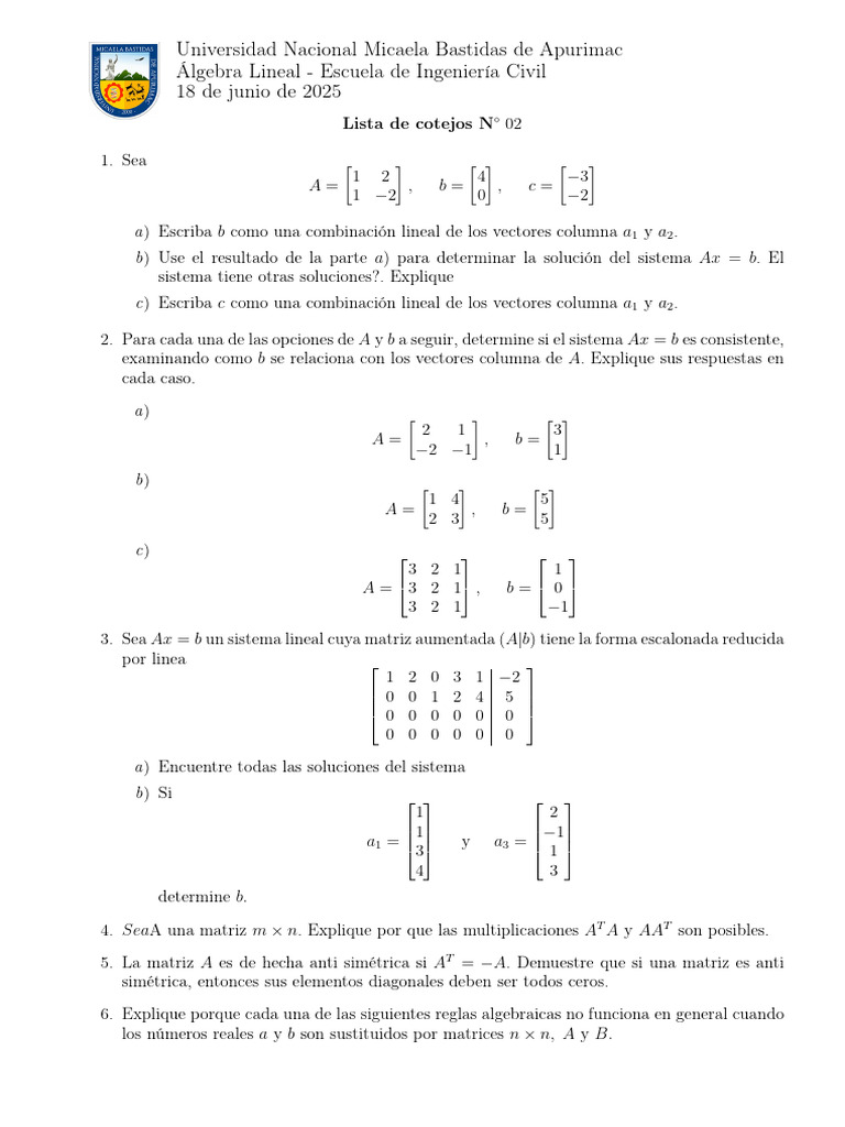 Algebra Lineal Lista | PDF | Matriz (Matemáticas) | Objetos matemáticos