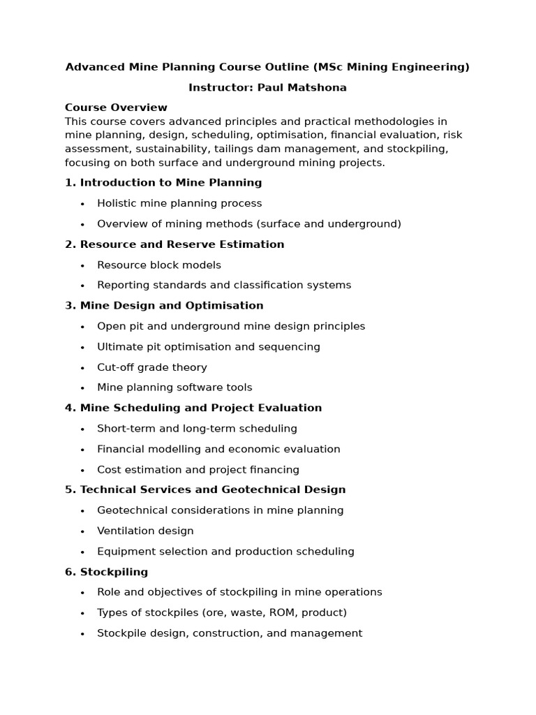 Advanced Mine Planning Course Outline | PDF | Mining | Mathematical ...