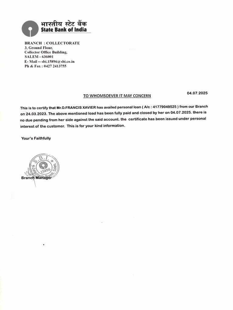 SBI Personal Loan NOC Certificate | PDF