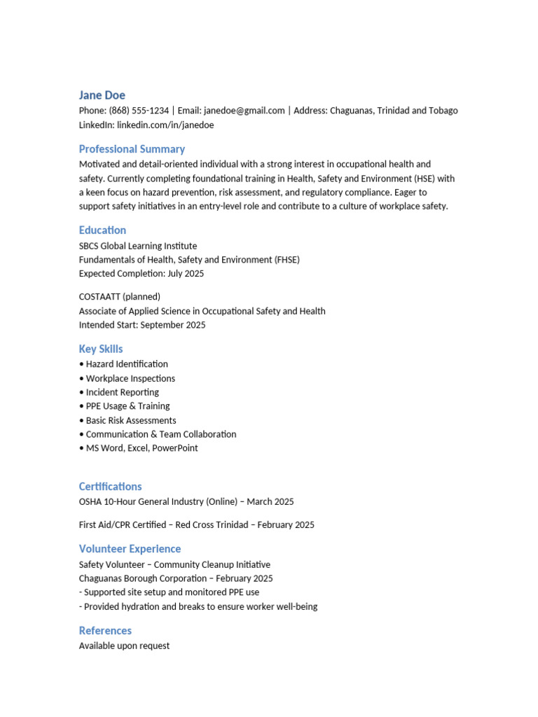 Entry-Level Health Safety Resume Jane Doe | PDF