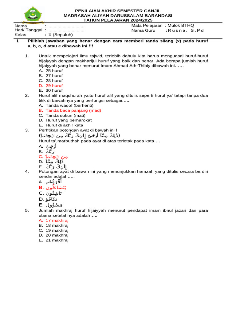 Soal Pas Ganjil Mulok BTHQ Kelas X Tp. 2024-2025 | PDF