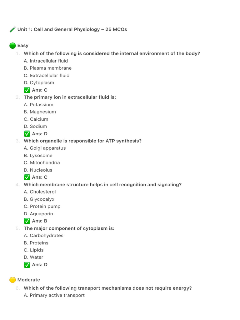 ? Unit 1 - Cell and General Physiology - 25 MCQs | PDF | Muscle Contraction | Neuromuscular Junction