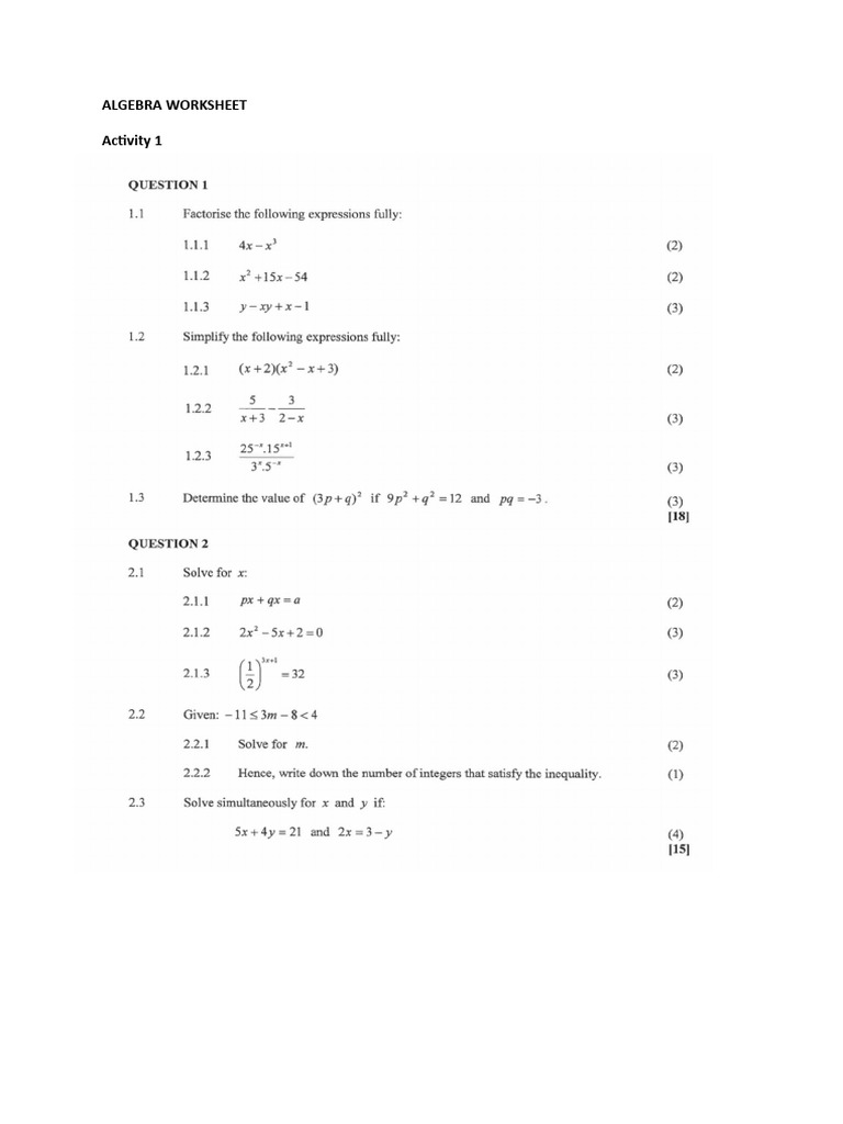 Algebra Worksheet | PDF