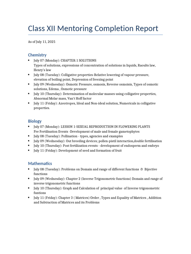 Class - XII - Mentoring - Completion - Report - As of July 11th | PDF ...