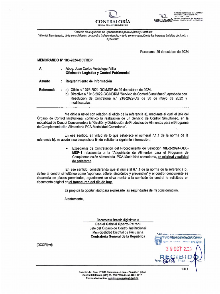 Memorando N°183-2024 Oci-Mdp | PDF