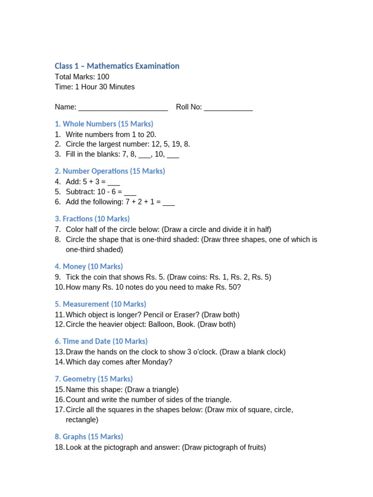 Class 1 Mathematics Exam Paper | PDF