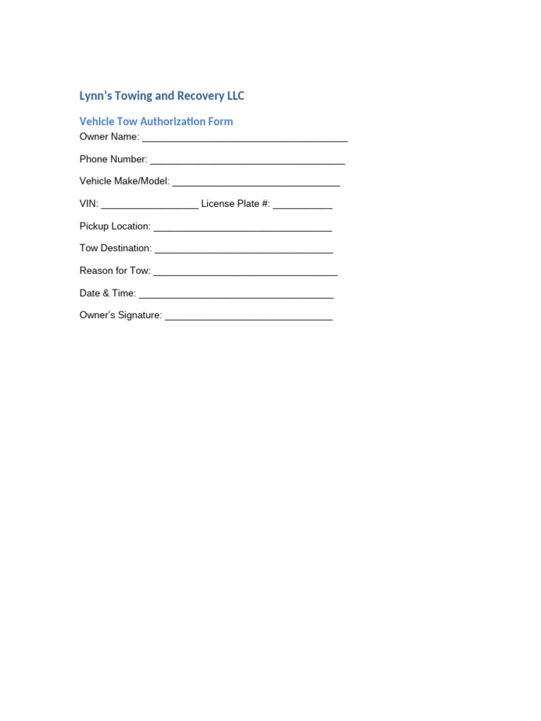 Lynn's Towing Vehicle Authorization Form | PDF | Motor Vehicle | Vehicles