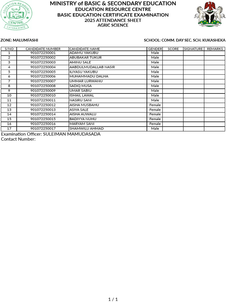 2025 AGRIC SCIENCE Attendance Sheet 17 - 05 - 35.3180000 | PDF