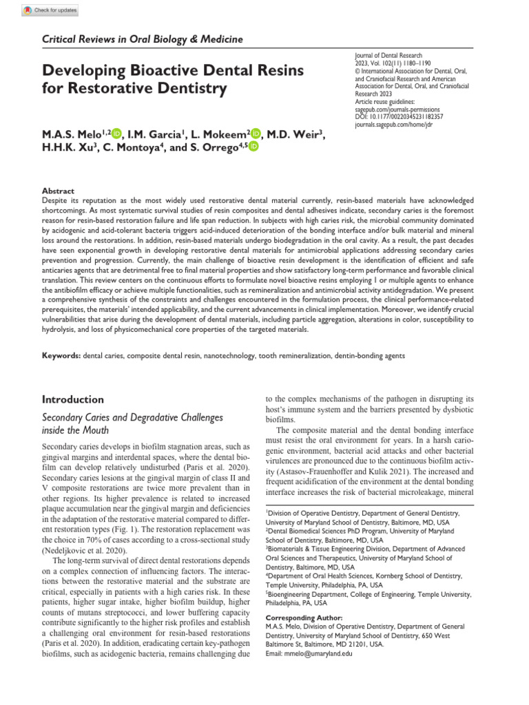 Melo Et Al 2023 Developing Bioactive Dental Resins For Restorative Dentistry 2 | PDF | Zinc ...