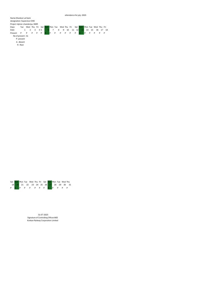 Shankar Lal Attendance July 2025 | PDF