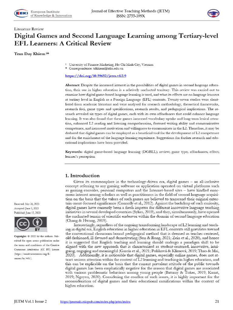 View of Digital Games and Second Language Learning Among Tertiary-Level ...