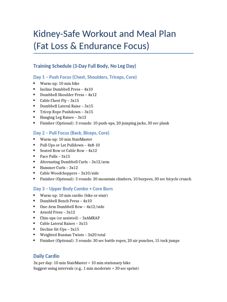 Kidney Safe Workout Meal Plan | PDF | Cuisine | Foods