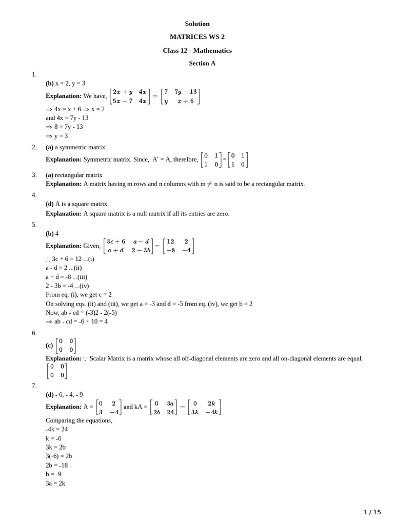 Matrices WS 2 Sol (Types of Matrices) | PDF | Matrix (Mathematics ...