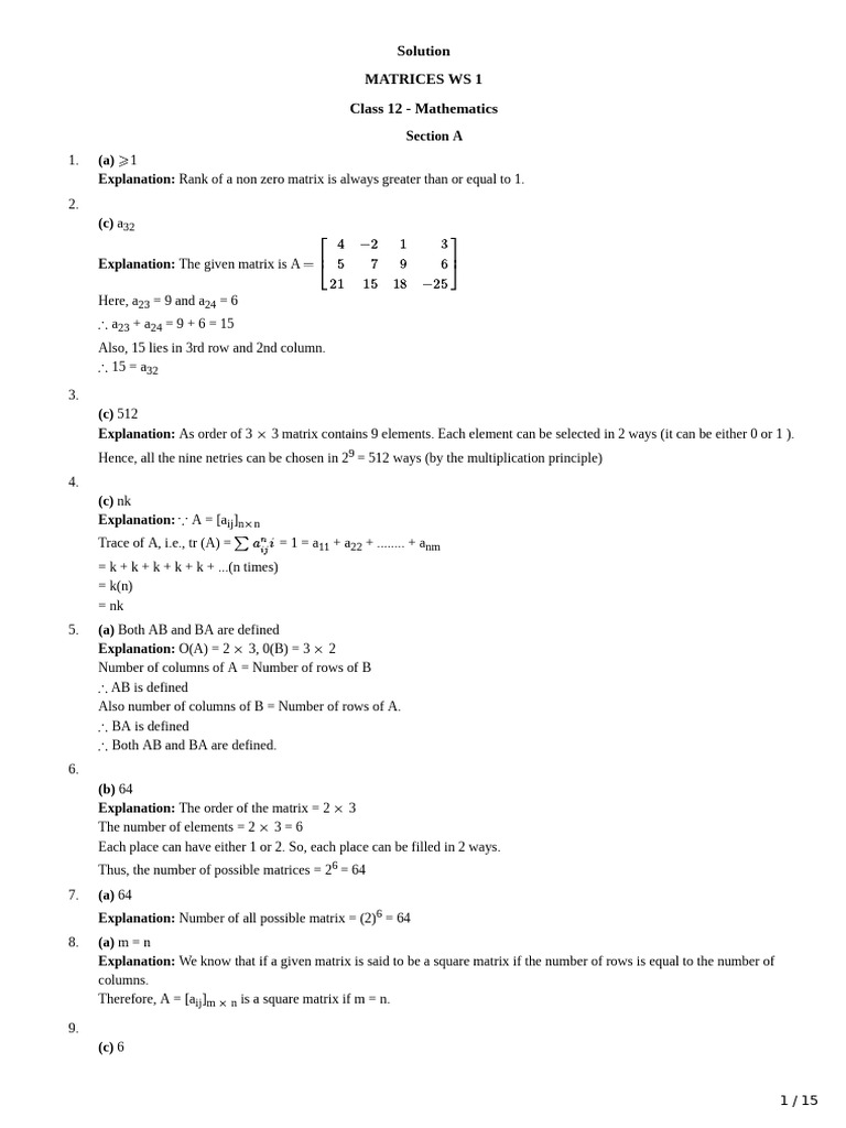 Matrix Solutions for Class 12 | PDF | Matrix (Mathematics ...