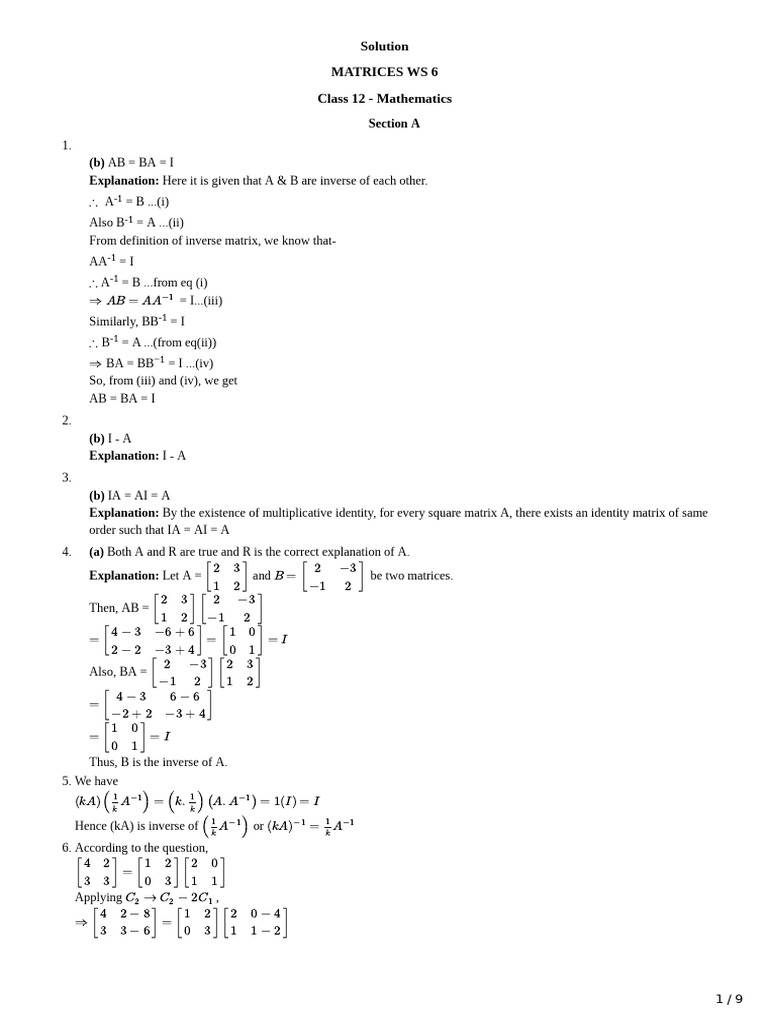 Matrices WS 6 Sol (Invertible Matrices) | PDF | Linear Algebra | Mathematical Objects