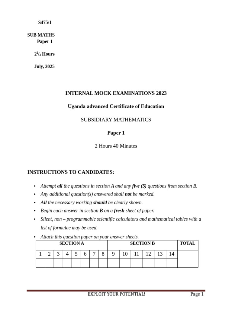 Internal Mock Examinations 2023 Uace Subsidiary Mathematics Paper 1 2024 | PDF | Mathematics