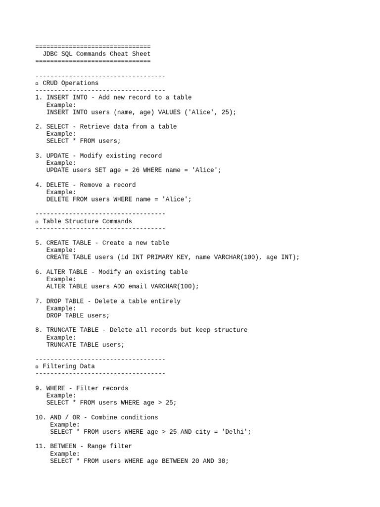 Jdbc Sql Commands Cheatsheet Pdf Data Management Software Sql