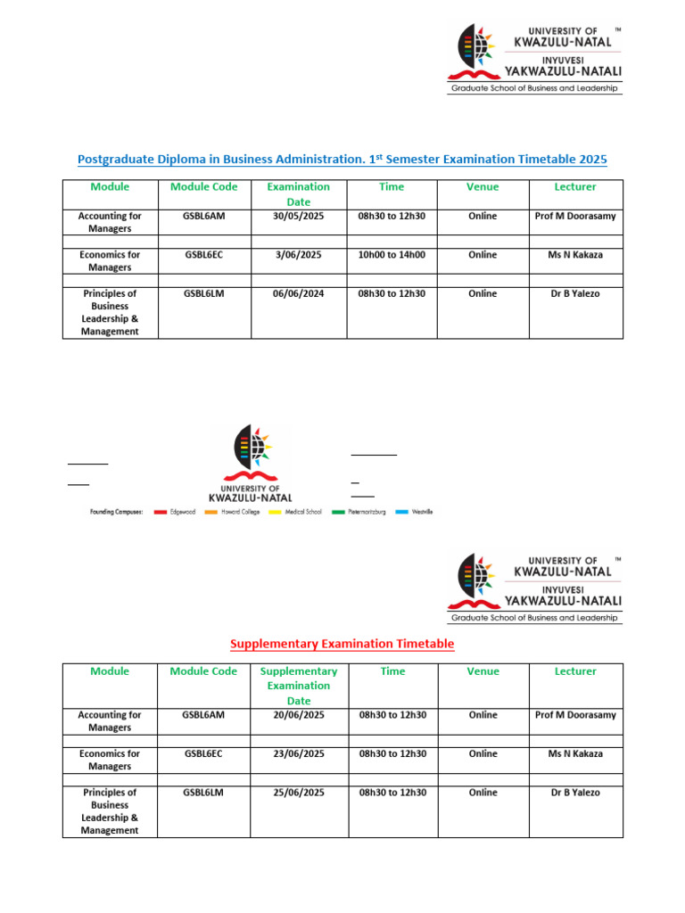 PGDBA 2025 1st Semester Exam & Supp Exam Timetable | PDF | Career And Technical Education | Academia