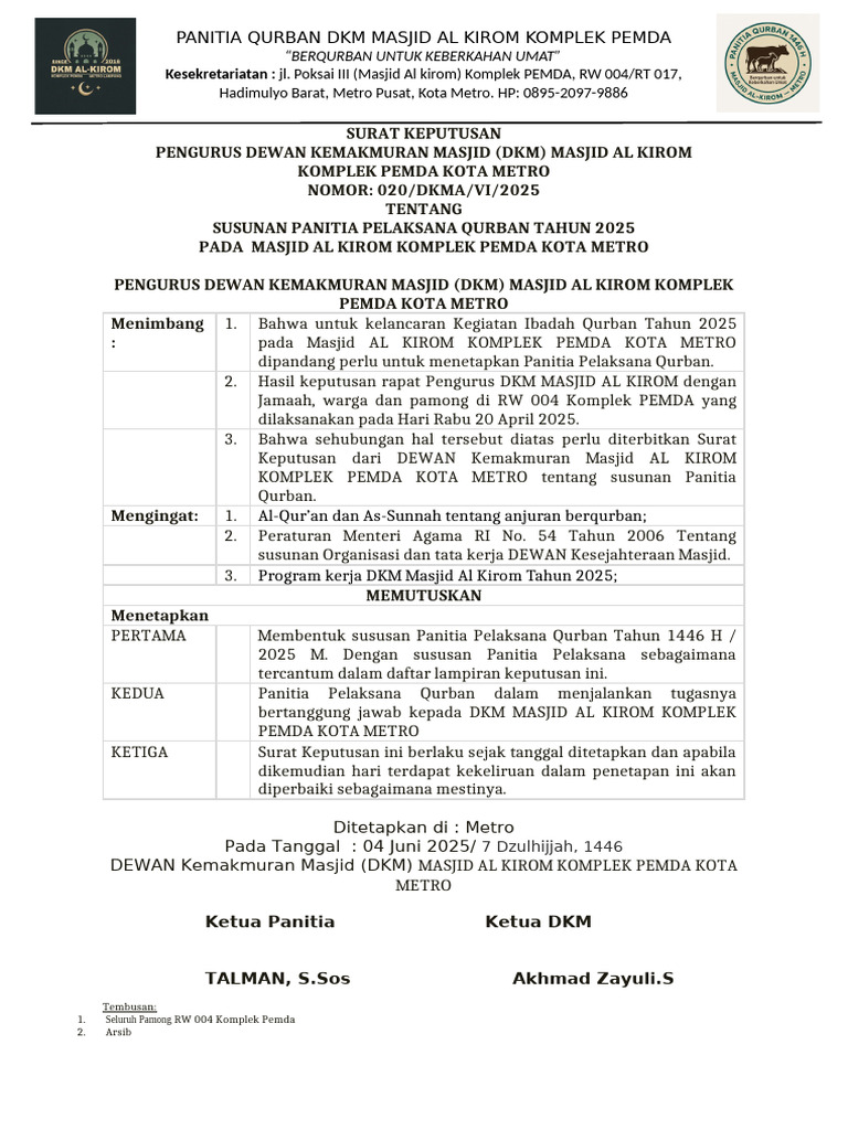 SURAT KEPUTUSAN Panitia Qurban Al Kirom 2025 | PDF