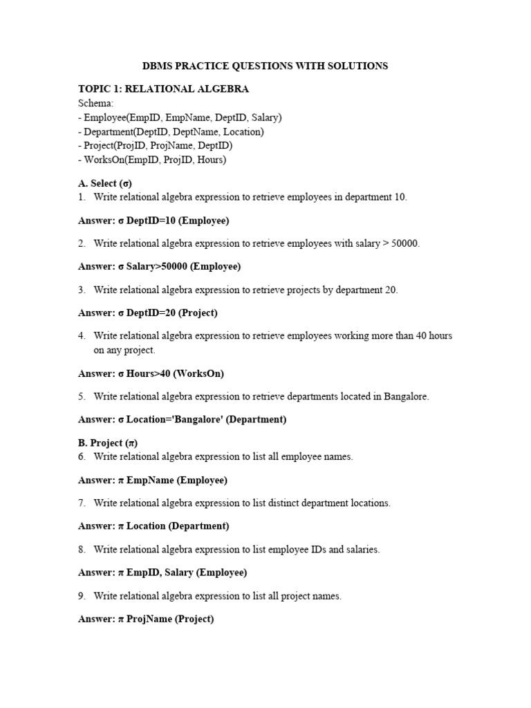 DBMS Practice Questions Relational Algebra, SQL, Triggers and Views | PDF | Databases | Sql