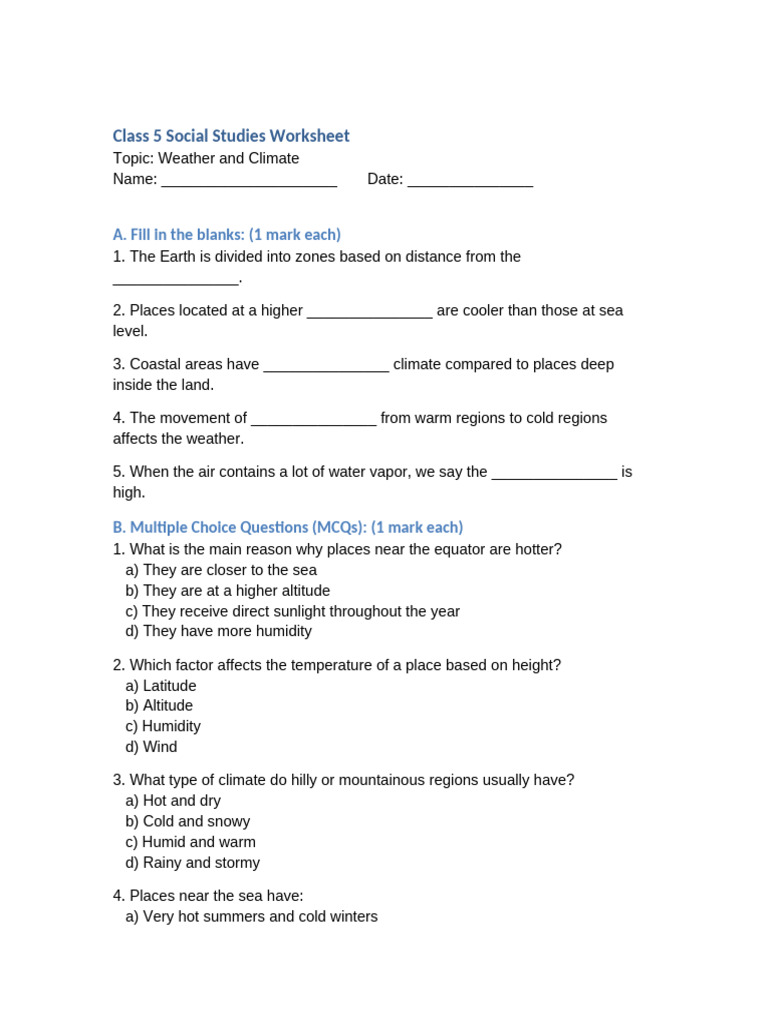 Grade 5 Weather and Climate Worksheet | PDF