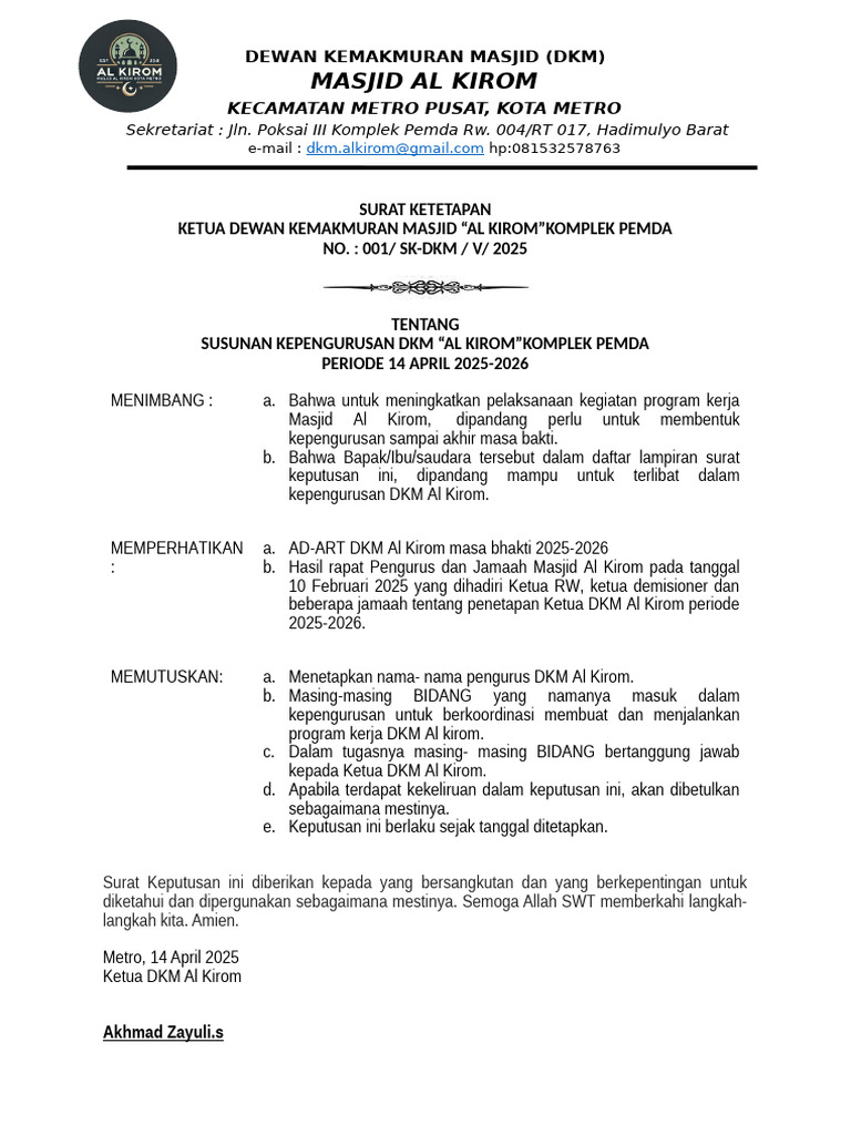 Susunan Pengurus DKM Masjid Al Kirom | PDF