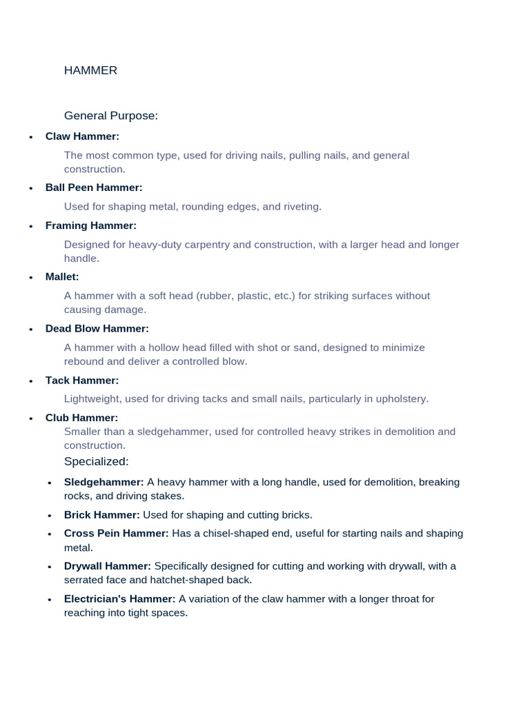 Types of Hammers Explained | PDF