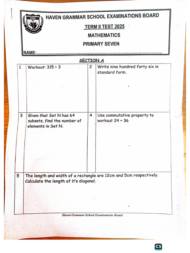 Haven Grammar Pre Mock Set 4 Mathematics 2025 | PDF