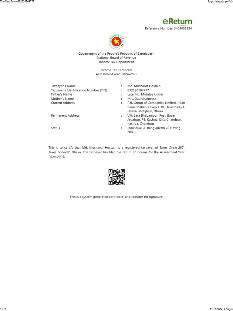 Razib Tax Certificate 832520104777 | PDF | Bangladesh | Economies