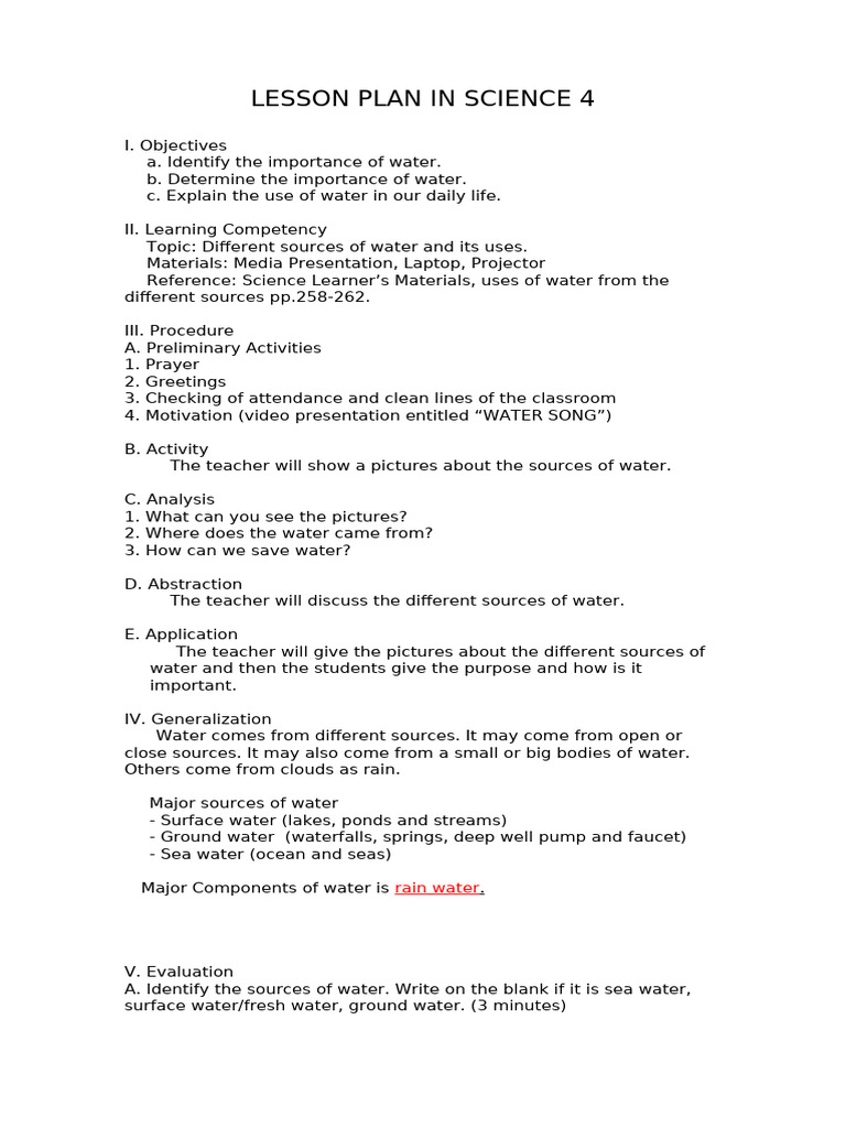 Importance and Sources of Water Lesson | PDF
