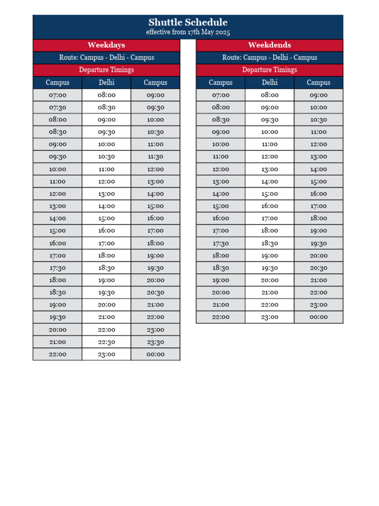 Shuttle Schedule Delhi Effective From 17 05 2025 | PDF